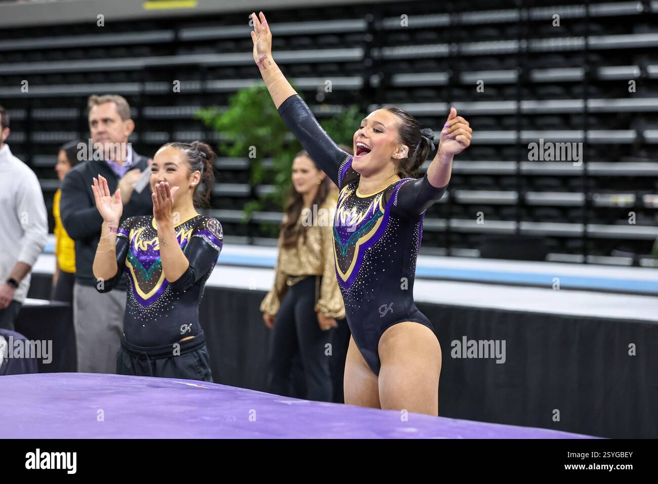 February 28, 2025: LSU's Aleah Finnegan and Lexi Zeiss cheer on a ...