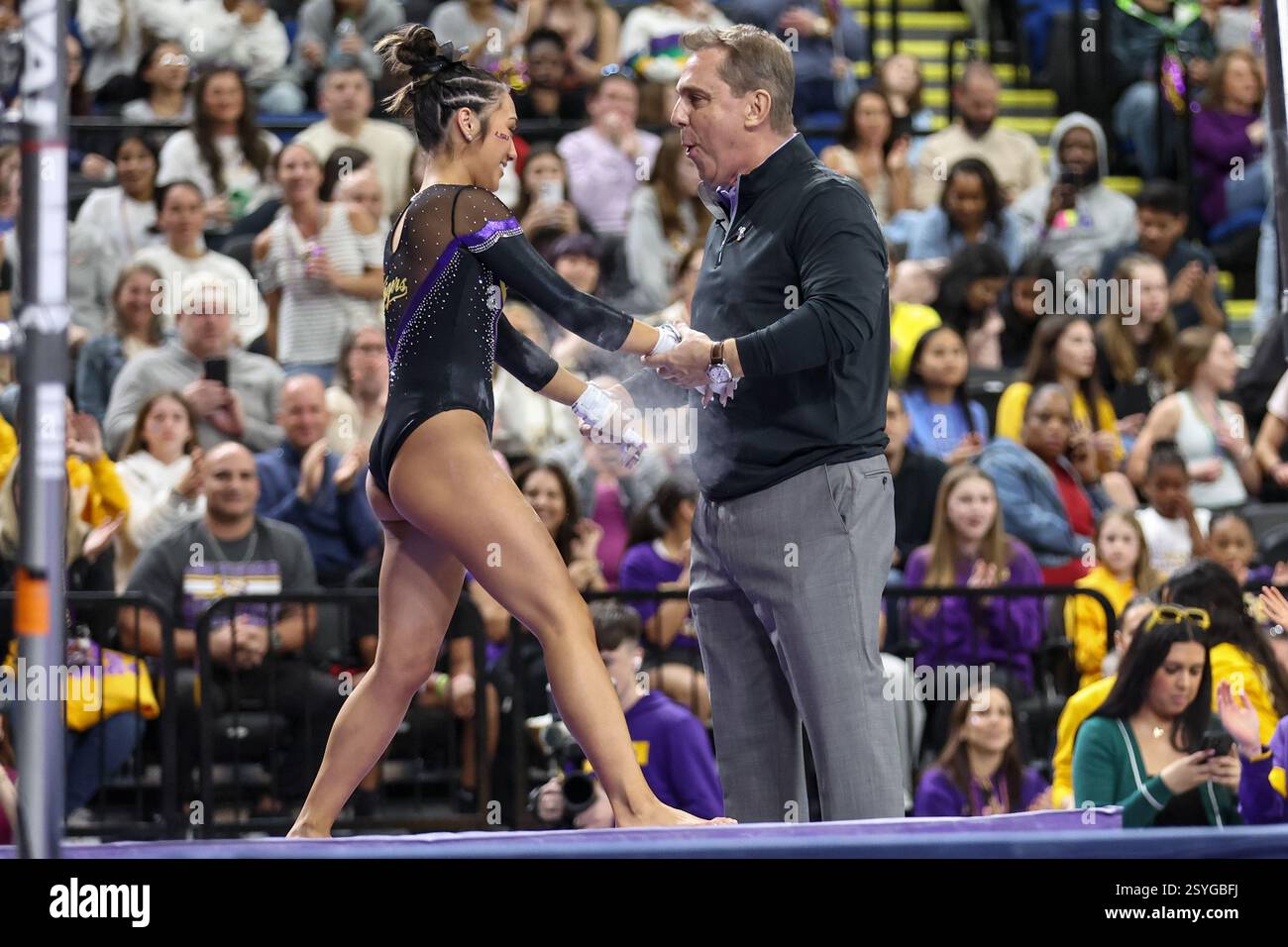 February 28, 2025: LSU Head Coach Jay Clark celebrates with Kailin Chio ...