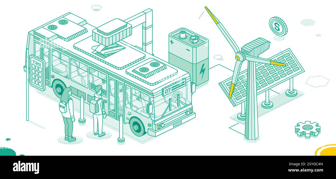 Isometric Electric Bus on Charging Station. Solar panels with wind ...