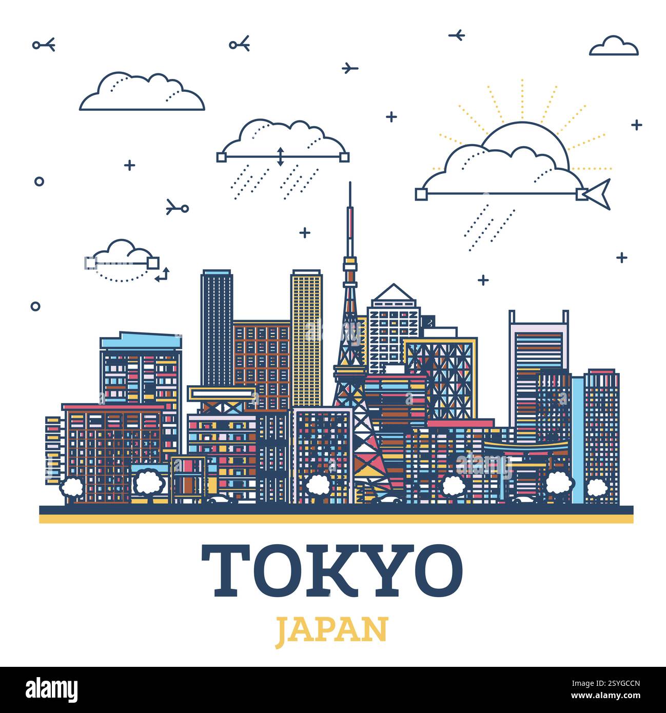 Outline Tokyo Japan city skyline with colored modern and historic ...