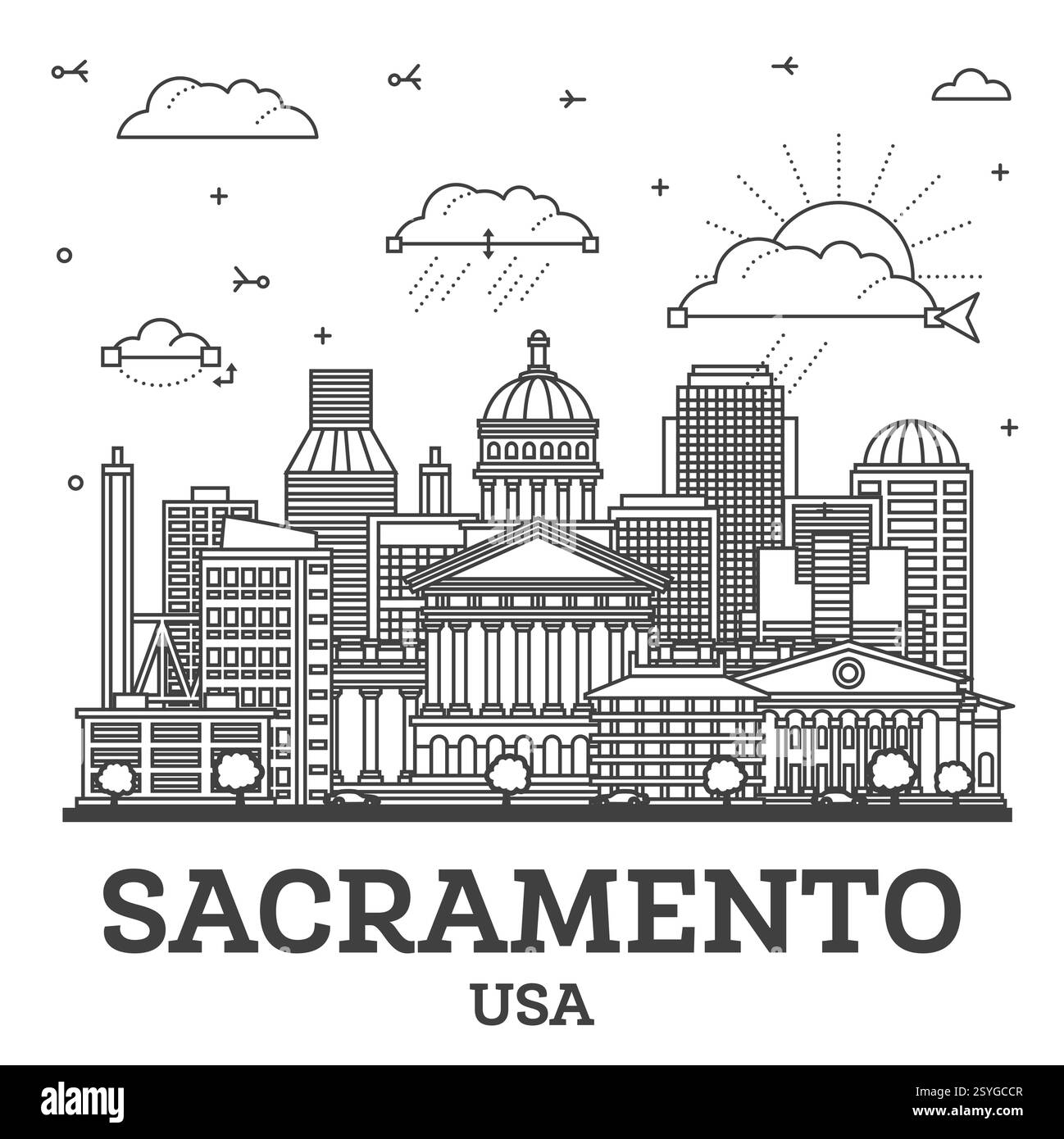 Outline Sacramento California city skyline with modern and historic ...