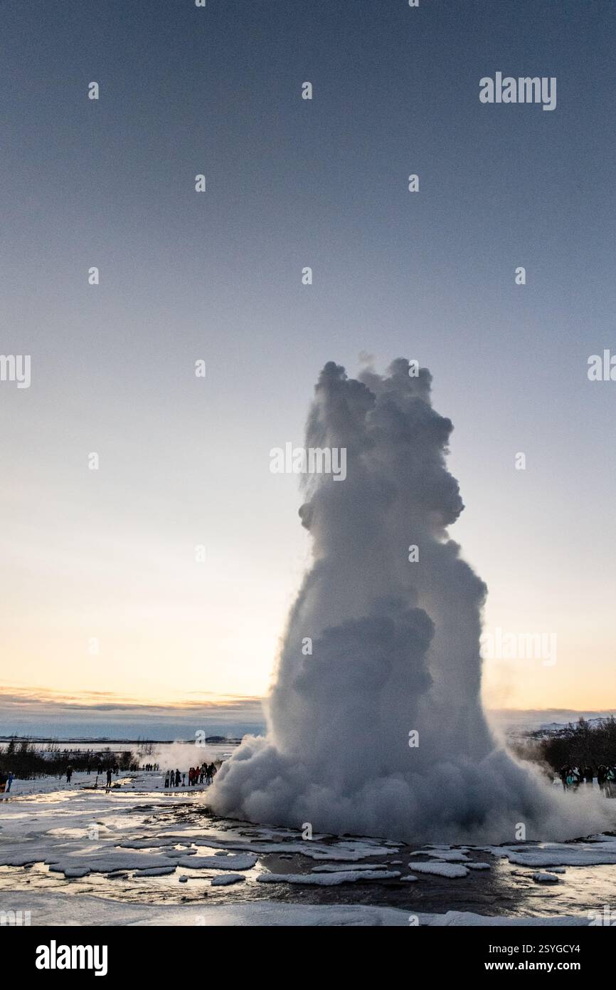 Geysir, Iceland - December 2024. Winter scene depicting an eruption of ...