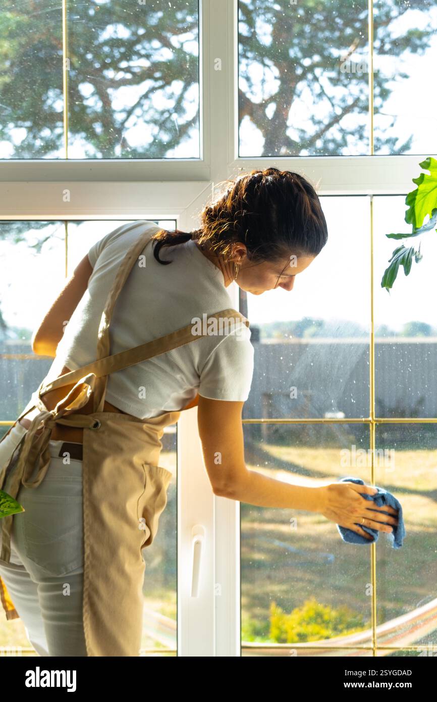 Woman in apron manually washes the window of house with rag cleaner and mop inside the interior ...