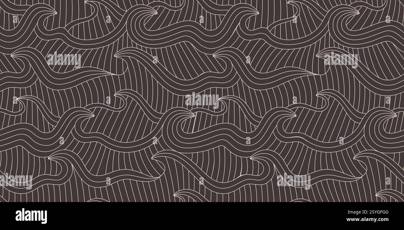 Hand drawn linear waves, ocean, sea, water seamless pattern. Dark ...