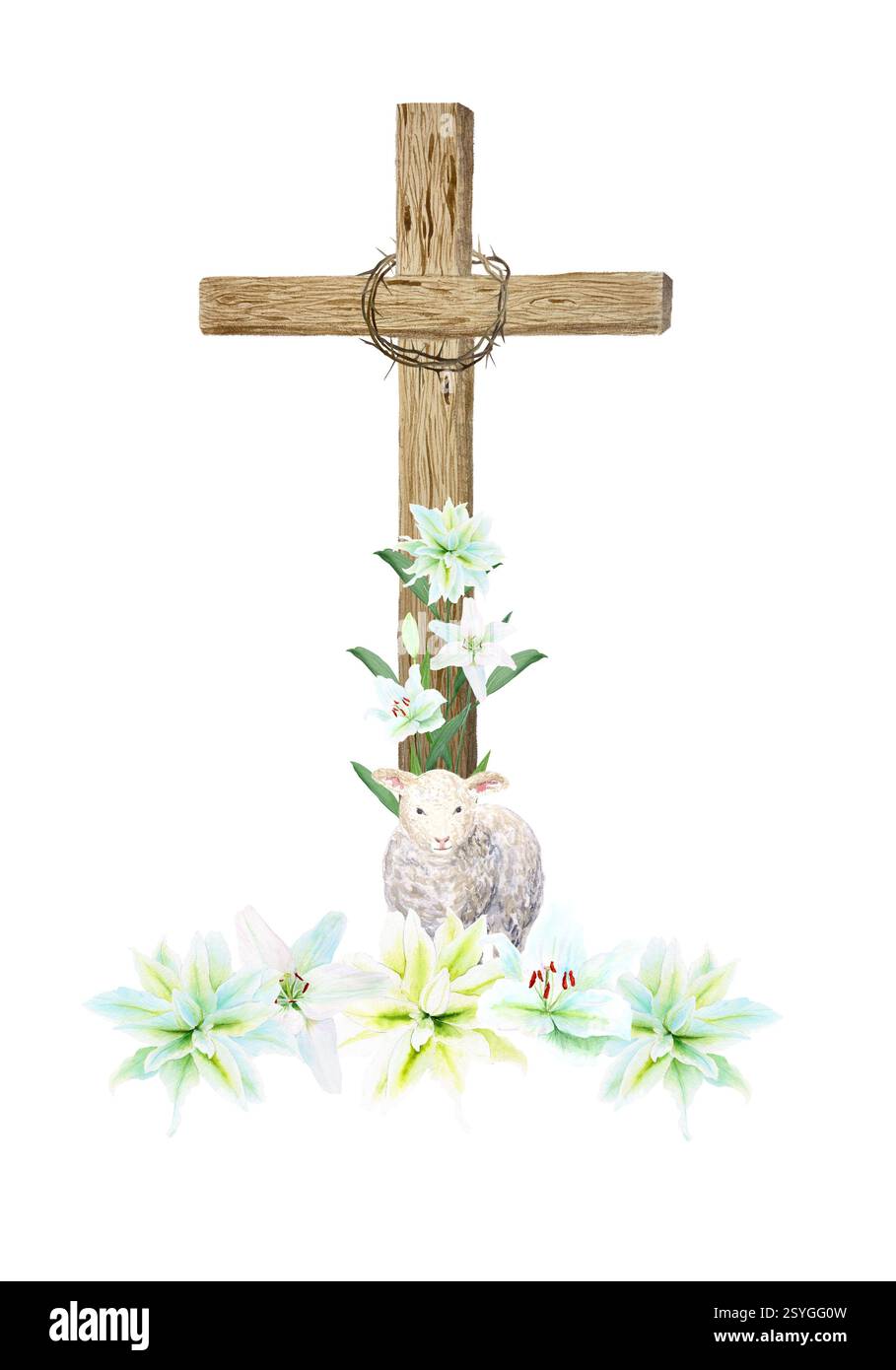 Wooden cross with crown of thorns, white lilies and a lamb watercolor ...