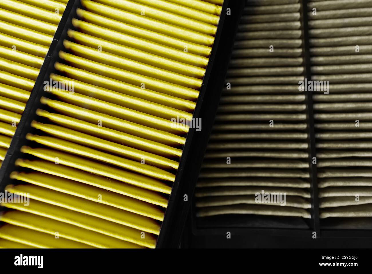 Close up of engine air filters in contrast , Comparison between new air ...