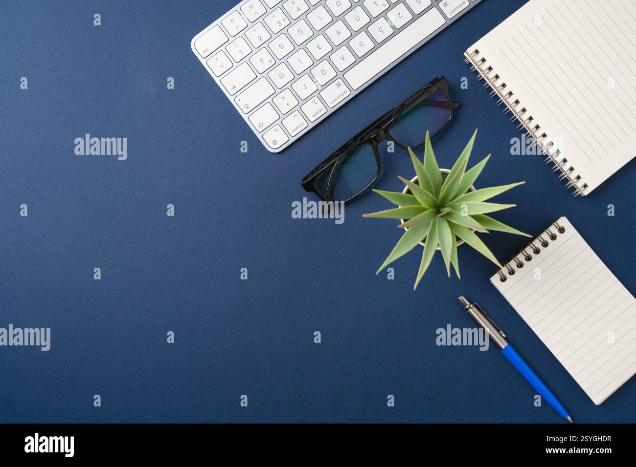 Workspace with keyboard, office supplies, pen, green leaf. Flat lay ...