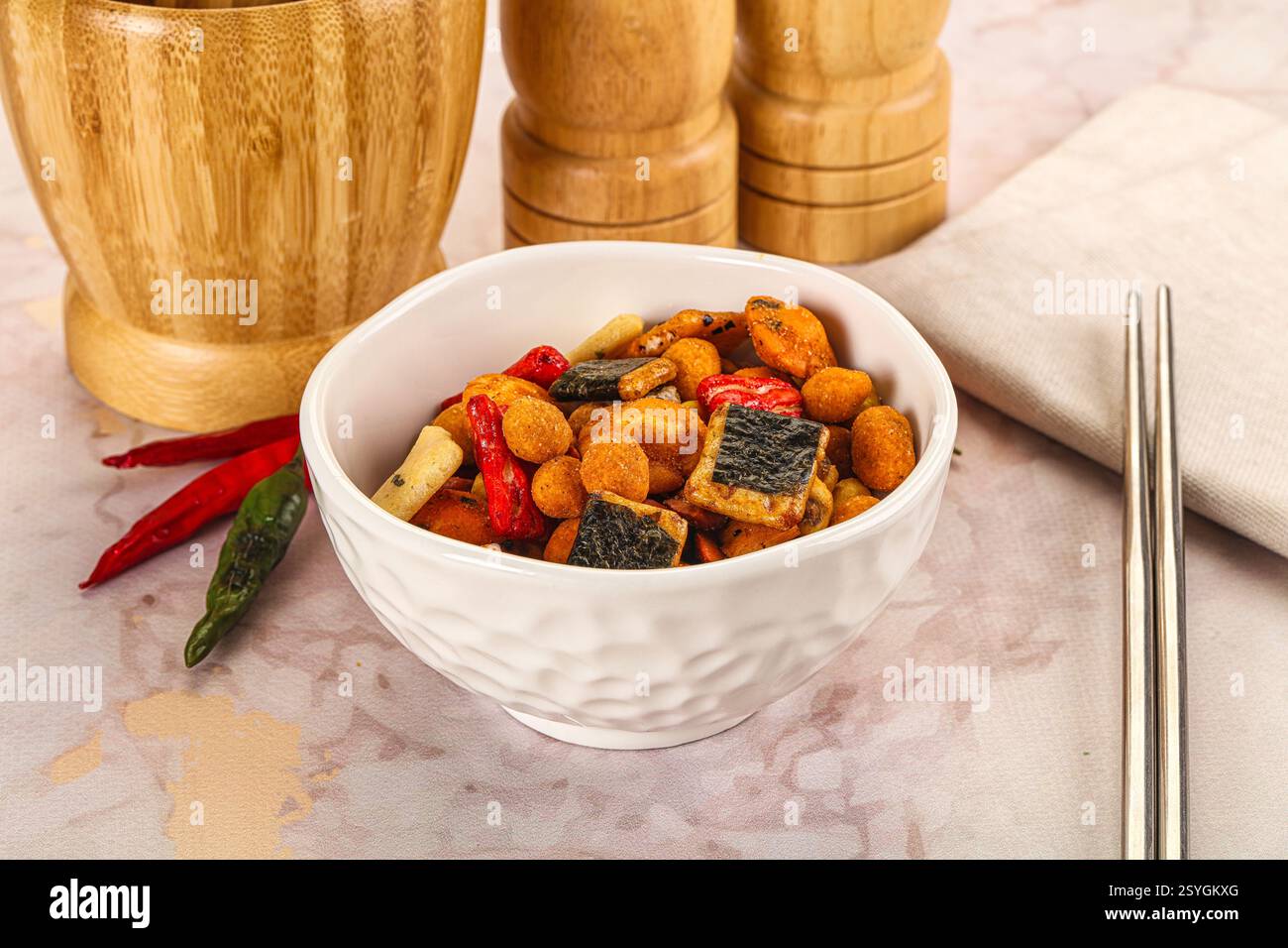 Japanese snack - Chili mame arare rice spicy cracker Stock Photo - Alamy