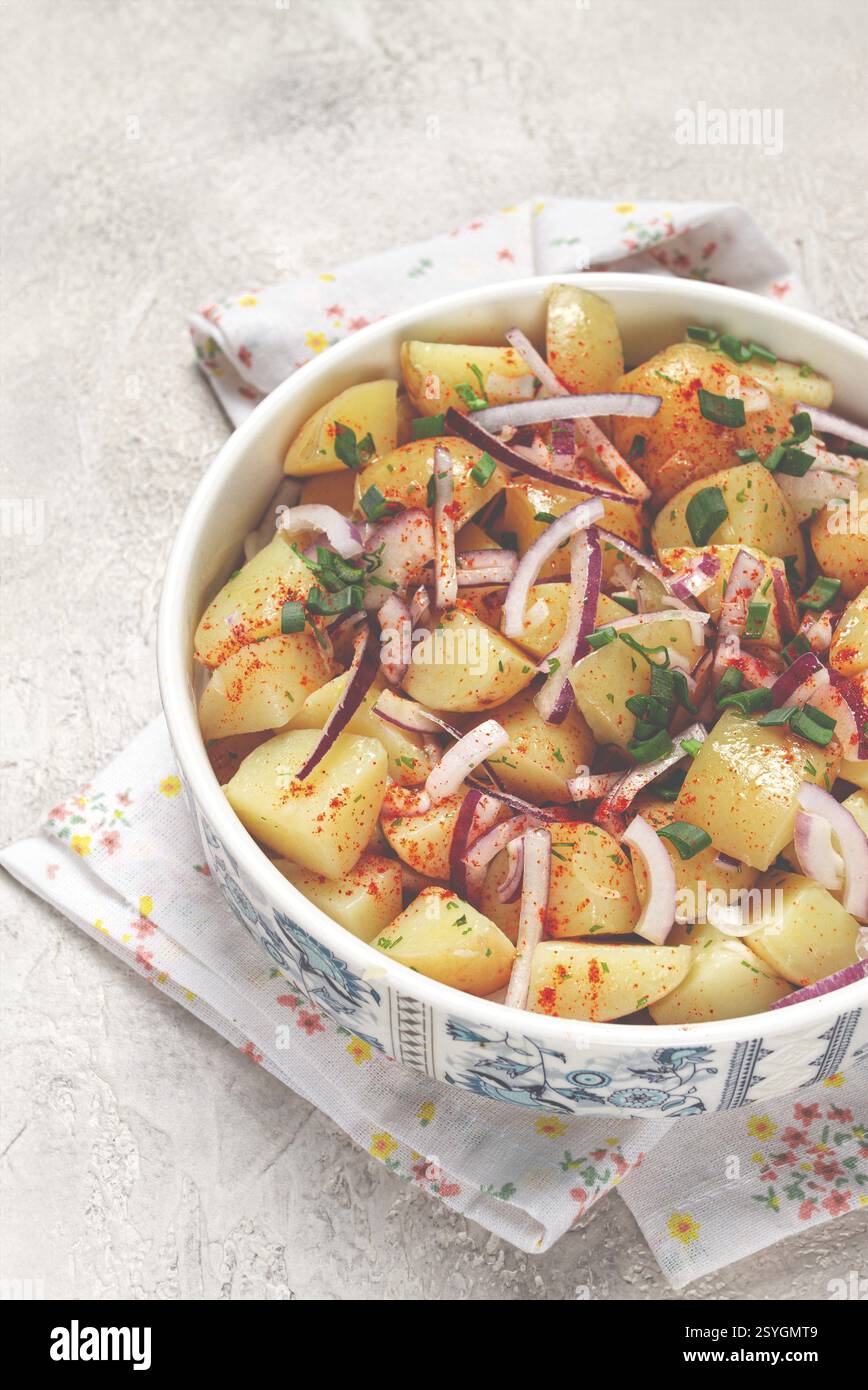 Boiled potato salad with red onion, German cuisine, homemade, no people ...