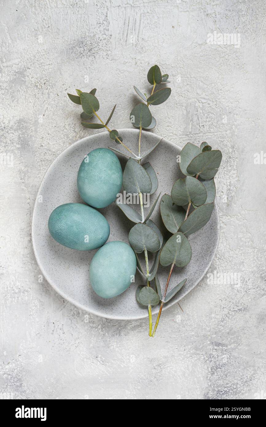 Easter colored eggs, in turquoise tones, on a gray plate, with a branch ...