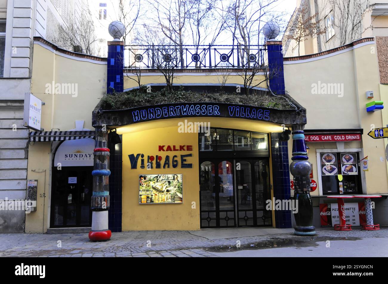 Detail of the colourful facade of the Hundertwasser House ...