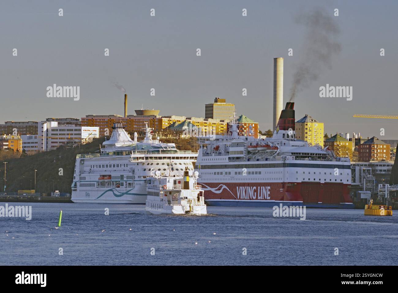 Ferries to Finland and the Baltic States in the harbour with the city ...