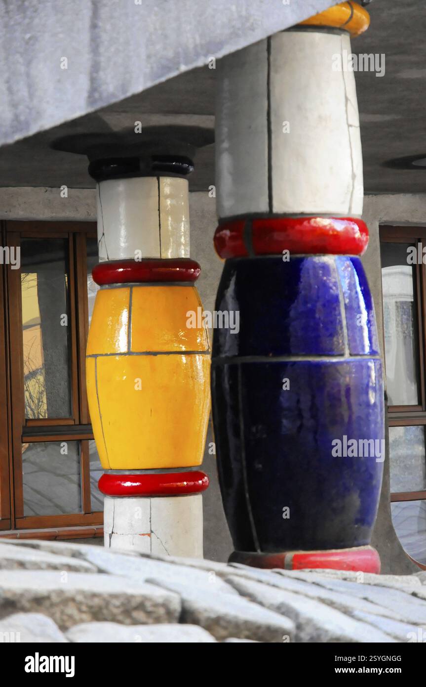 Detail of the colourful facade of the Hundertwasser House ...