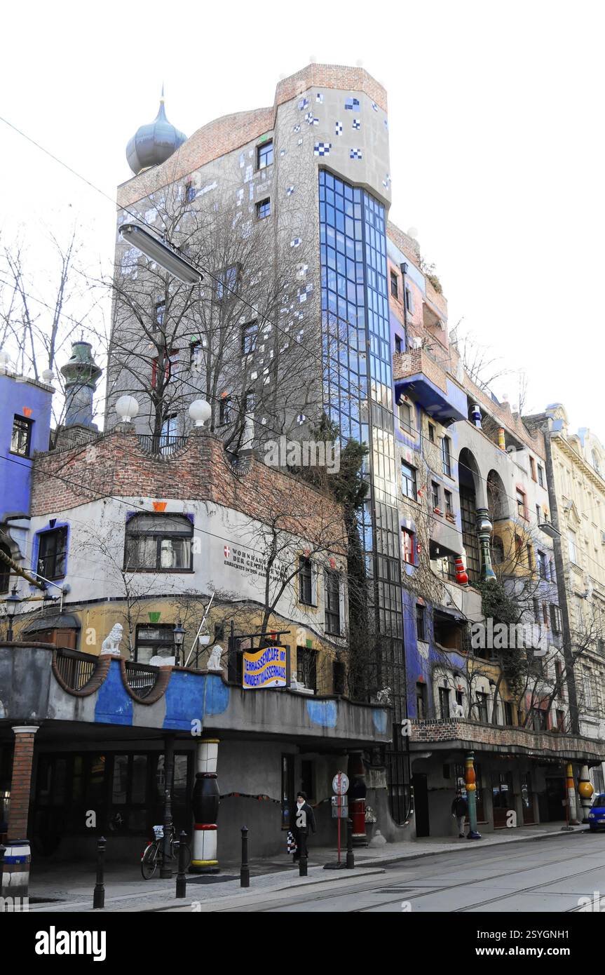 Detail of the colourful facade of the Hundertwasser House ...