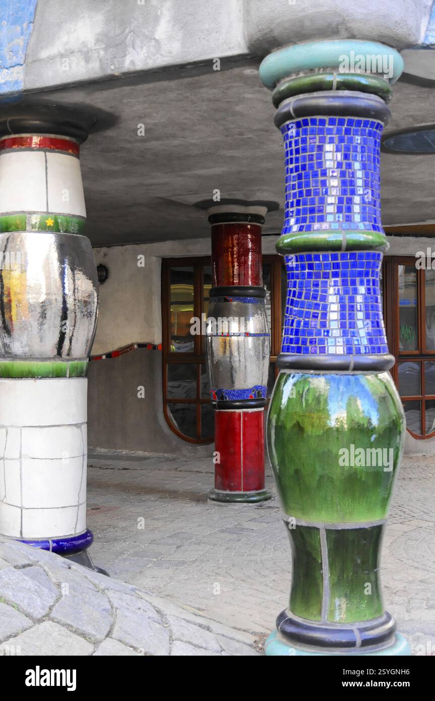 Detail of the colourful facade of the Hundertwasser House ...