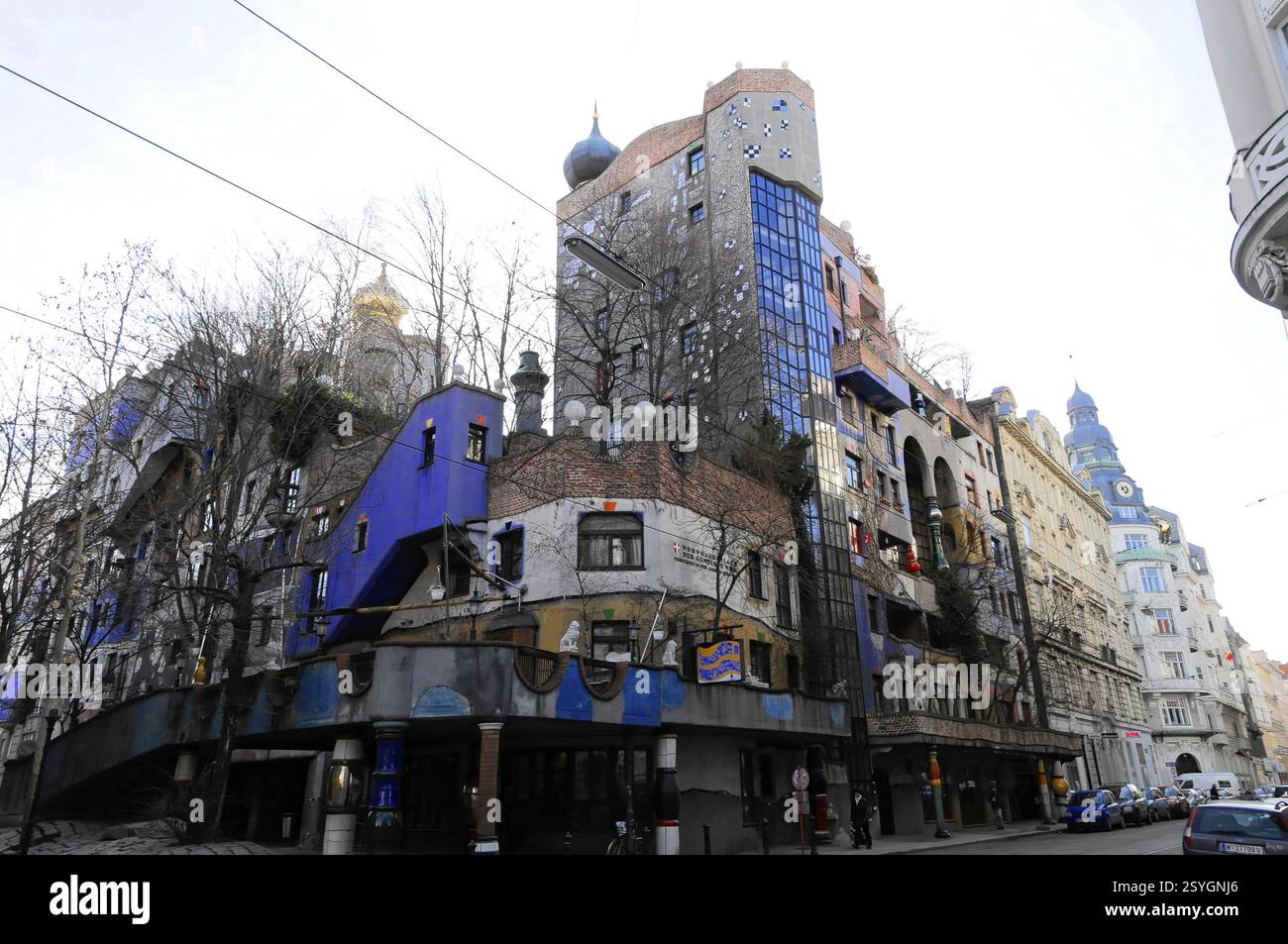 Detail of the colourful facade of the Hundertwasser House ...