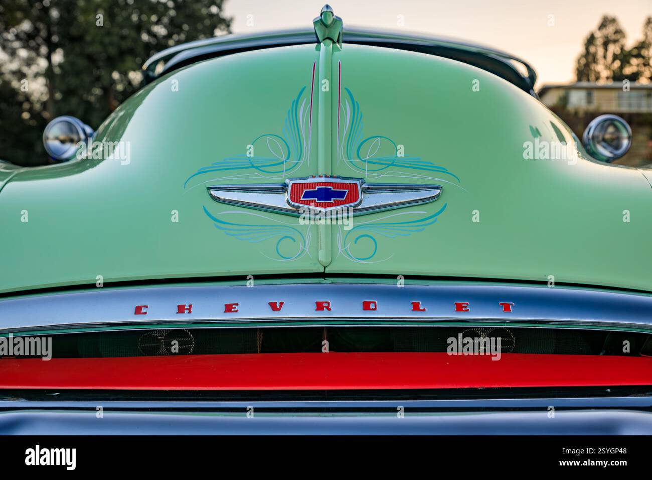 San Bruno, USA - October 7, 2022: Close up of a hood detail of a mint ...