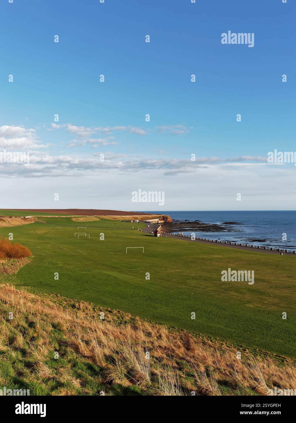 A view of Victoria Park in Arbroath from the top of the grassy Cliff ...