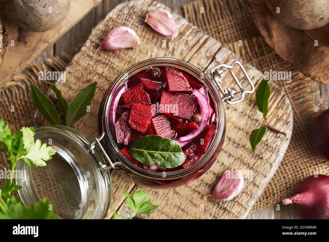 Preparation of homemade fermented beet kvass in a glass jar, top view Stock Photo - Alamy
