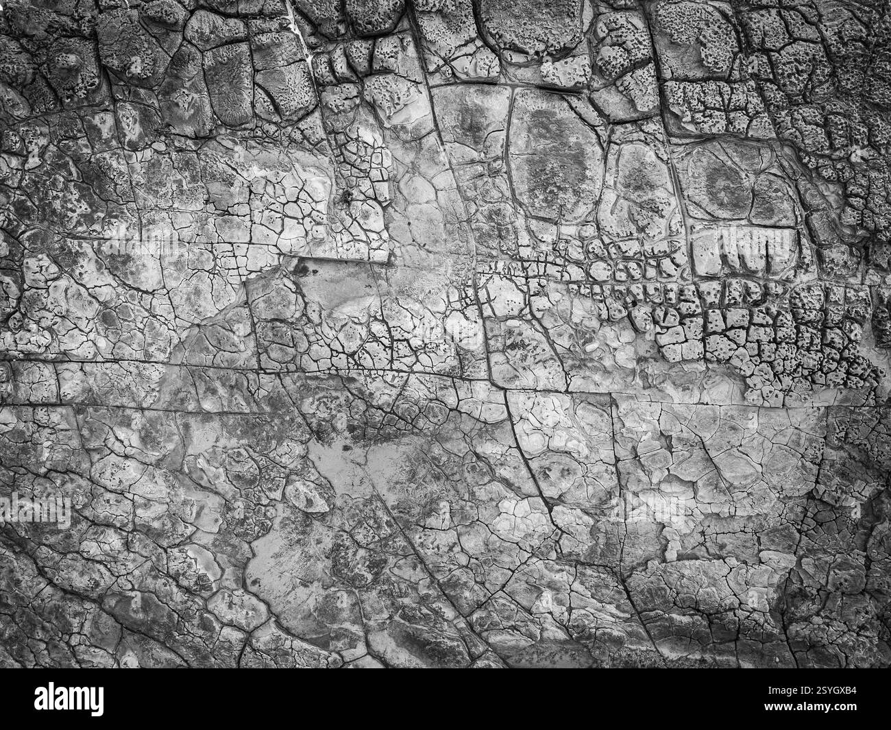 Aerial top down view of rocky platform in black and white Stock Photo ...