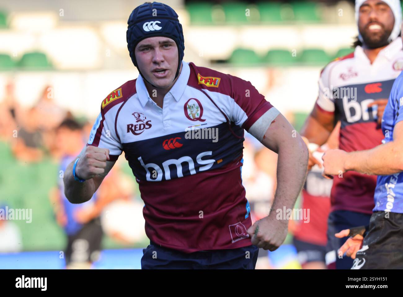 Josh Flook of the Reds celebrates scoring a try during the Super Rugby ...