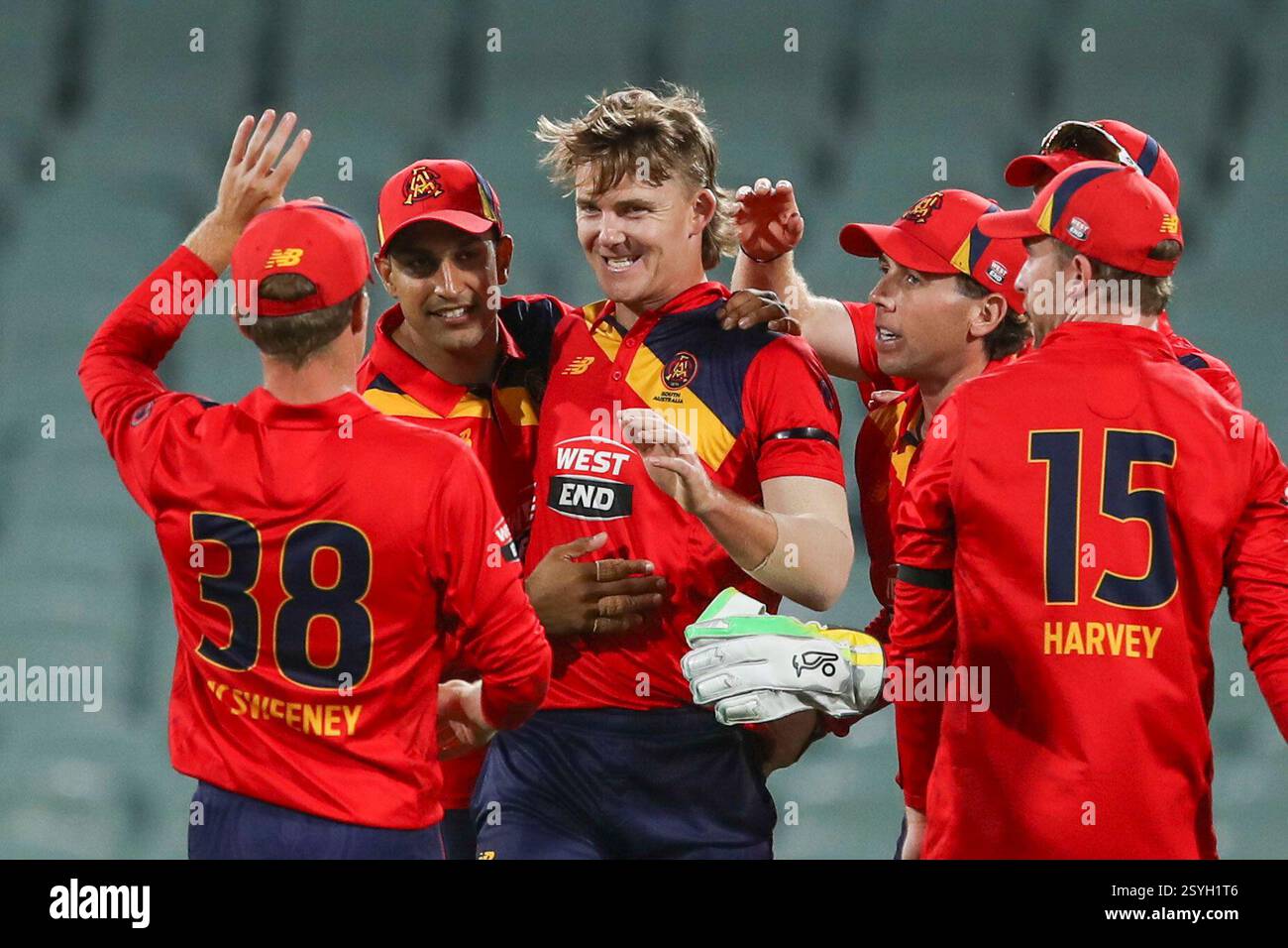 Henry Thornton of South Australia celebrates taking the wicket of Tom ...