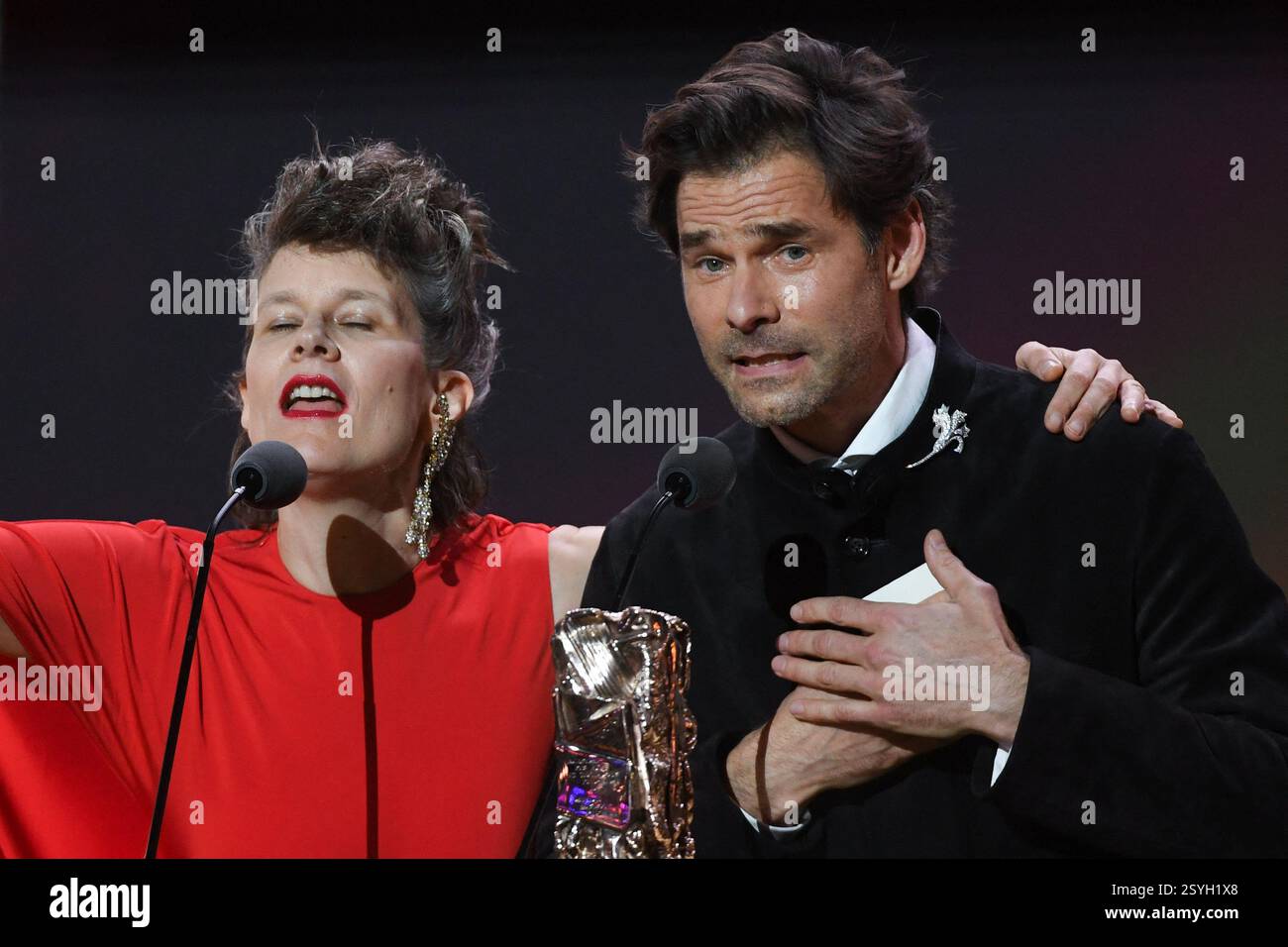 Paris, France. 25th Feb, 2025. Camille Ducol and Clement Ducol receive ...