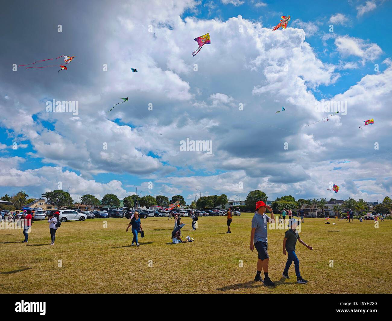 Auckland, New Zealand. 1st Mar, 2025. People fly kites at a park in ...