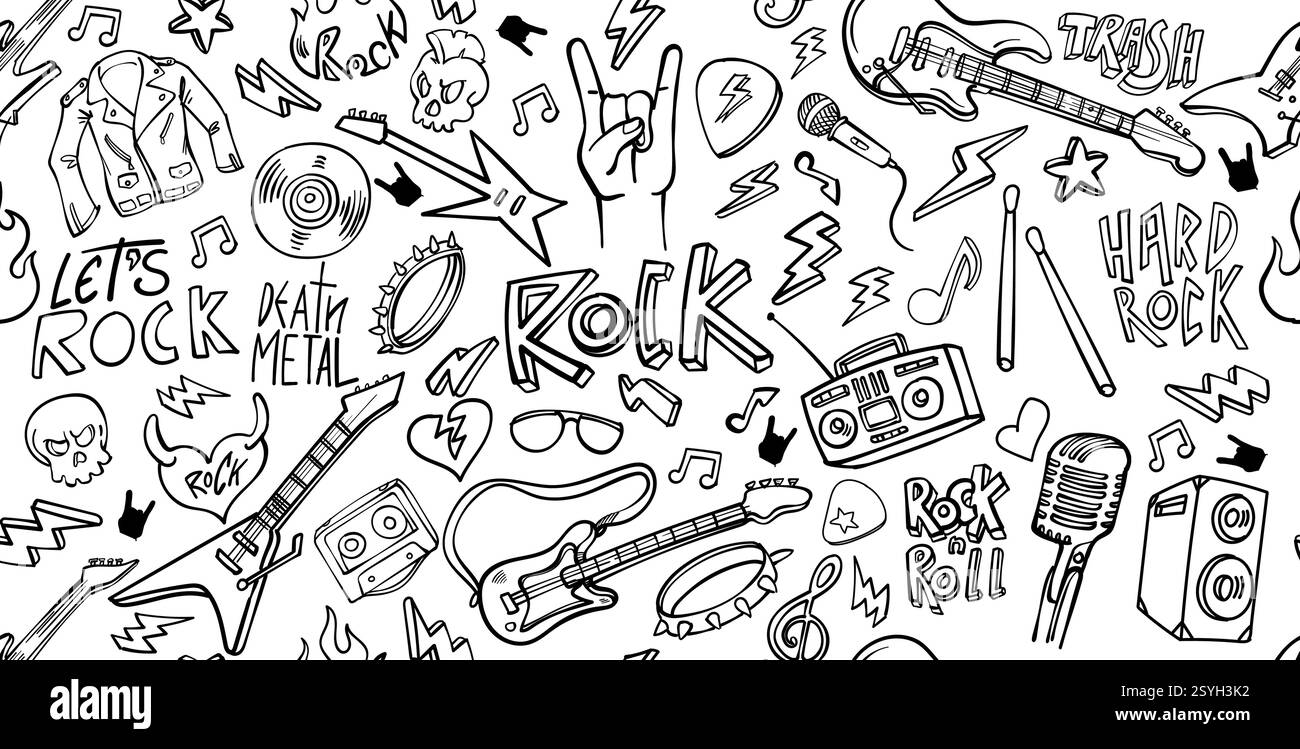 Horizontal Hand drawn Rock music doodles vector illustration..set icon ...