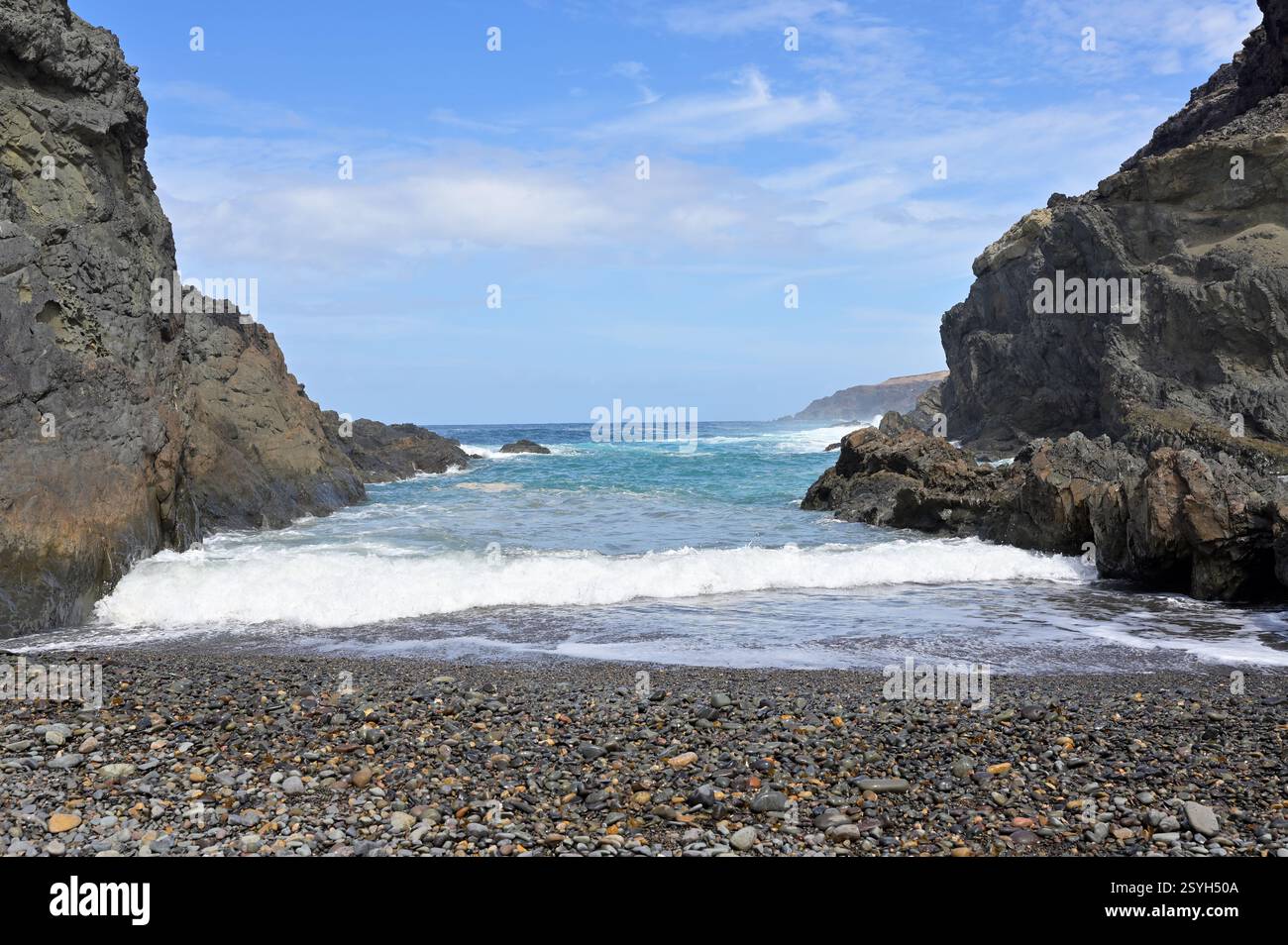 Panorama view of a bay by the pirate caves of Ajuy in Fuerteventura ...
