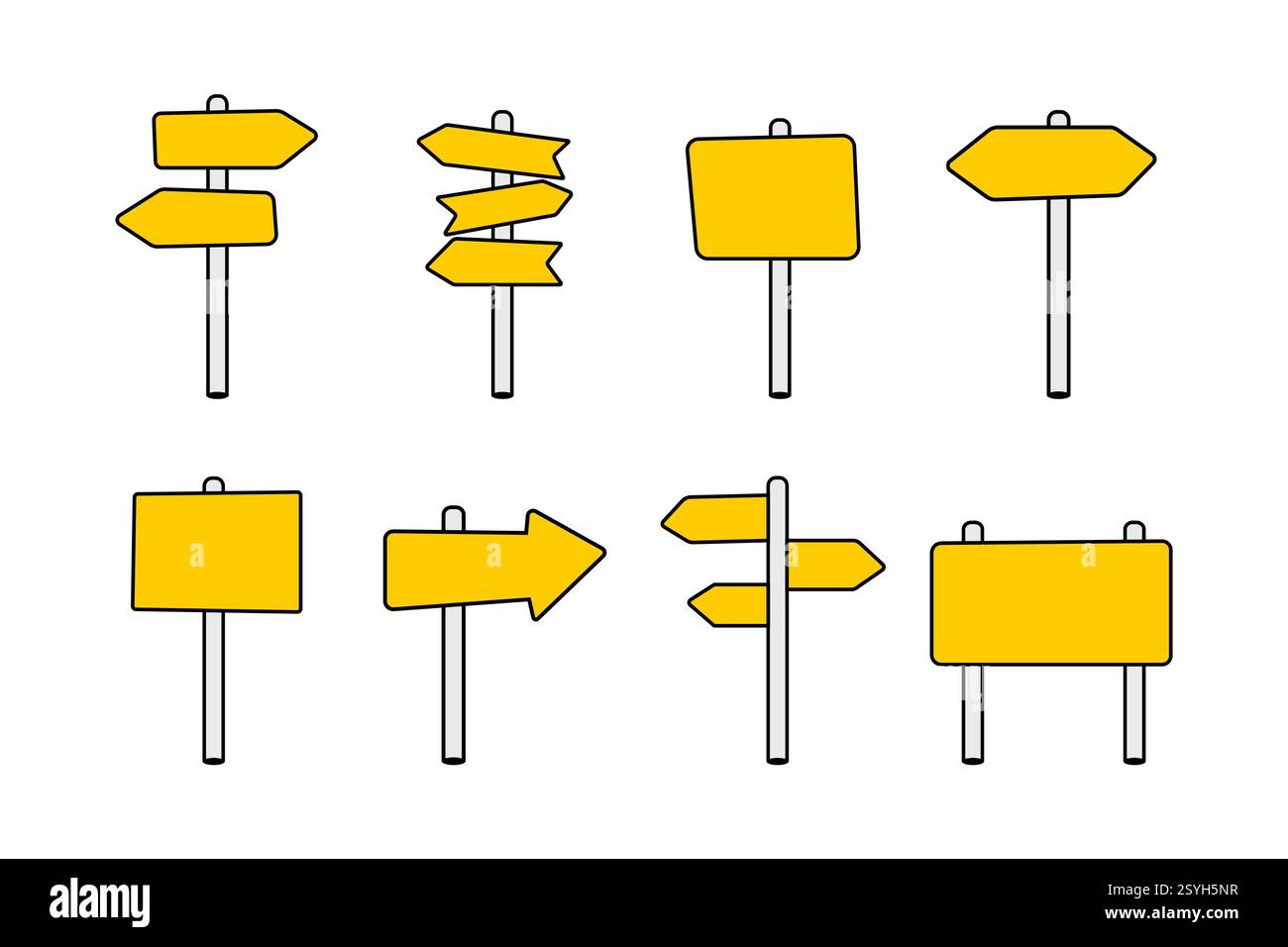 Yellow street signs. Directional pole with wayfinding arrows, finger post sign isolated ...