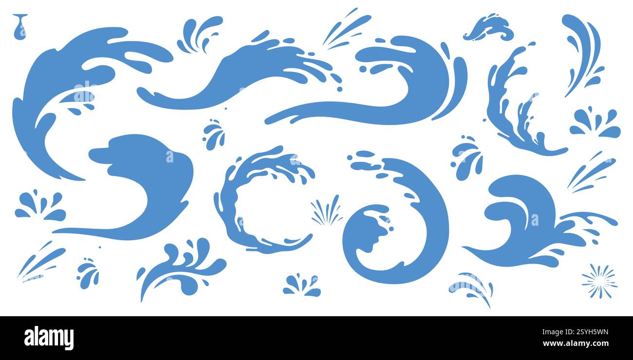 Water crown splashes and wave swirl with drops. Vector transparent blue ...