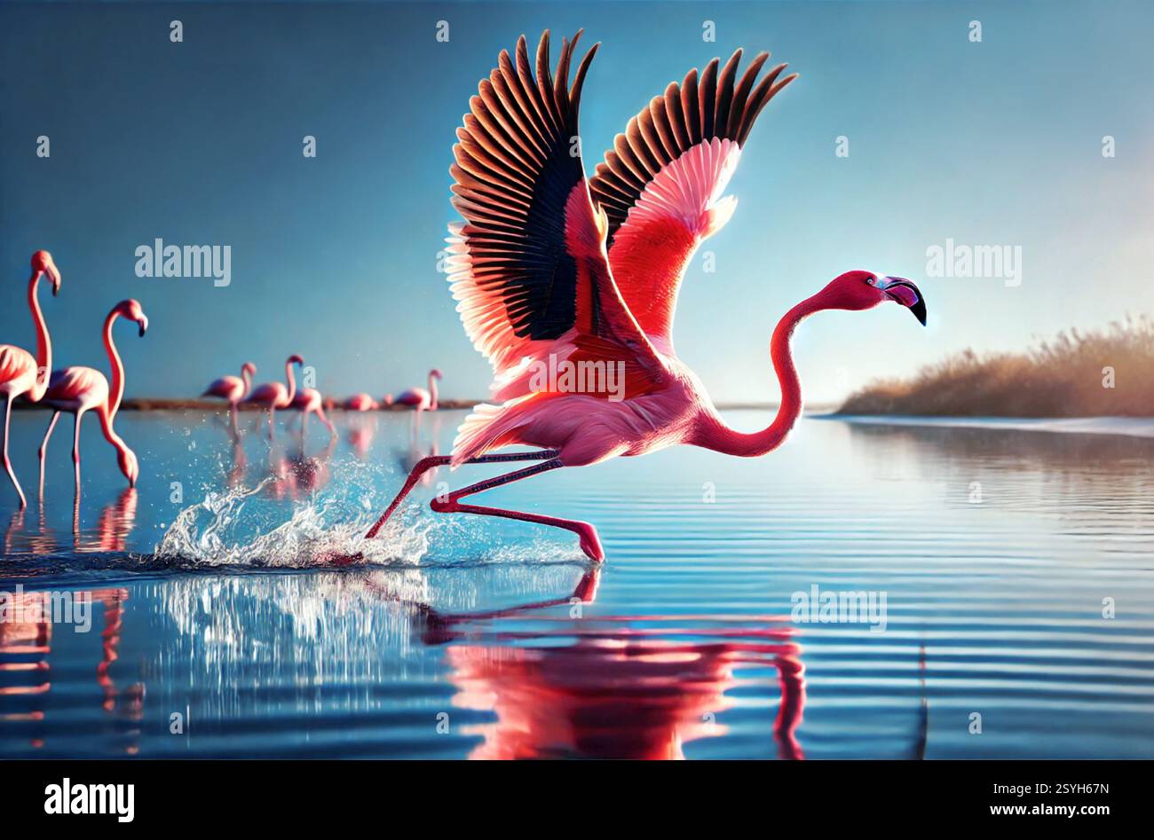 Pink flamingo taking off at water level during the sunset Stock Photo ...