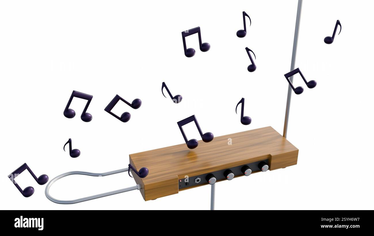 a 3D rendering of a theremin in natural wood and scattered floating ...