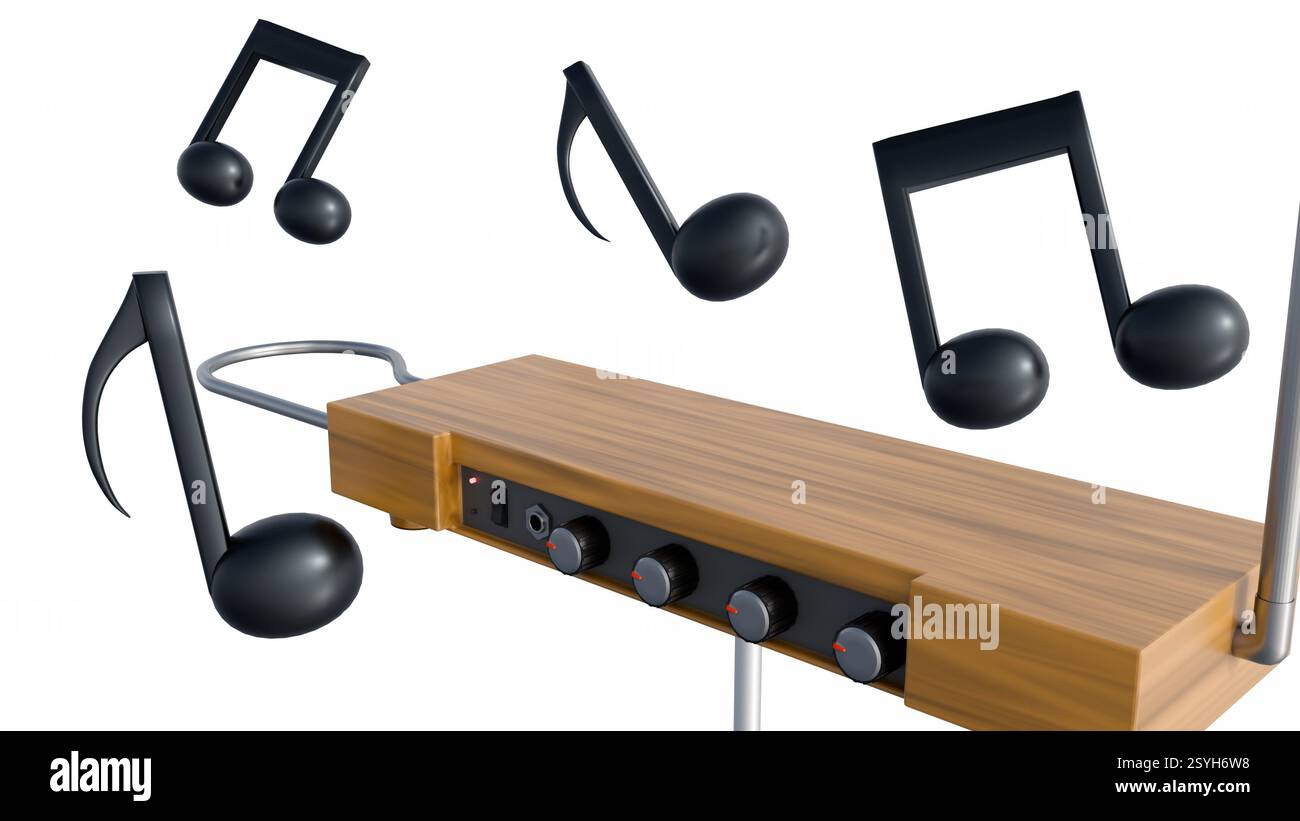 a 3D rendering of a theremin in natural wood and scattered floating ...