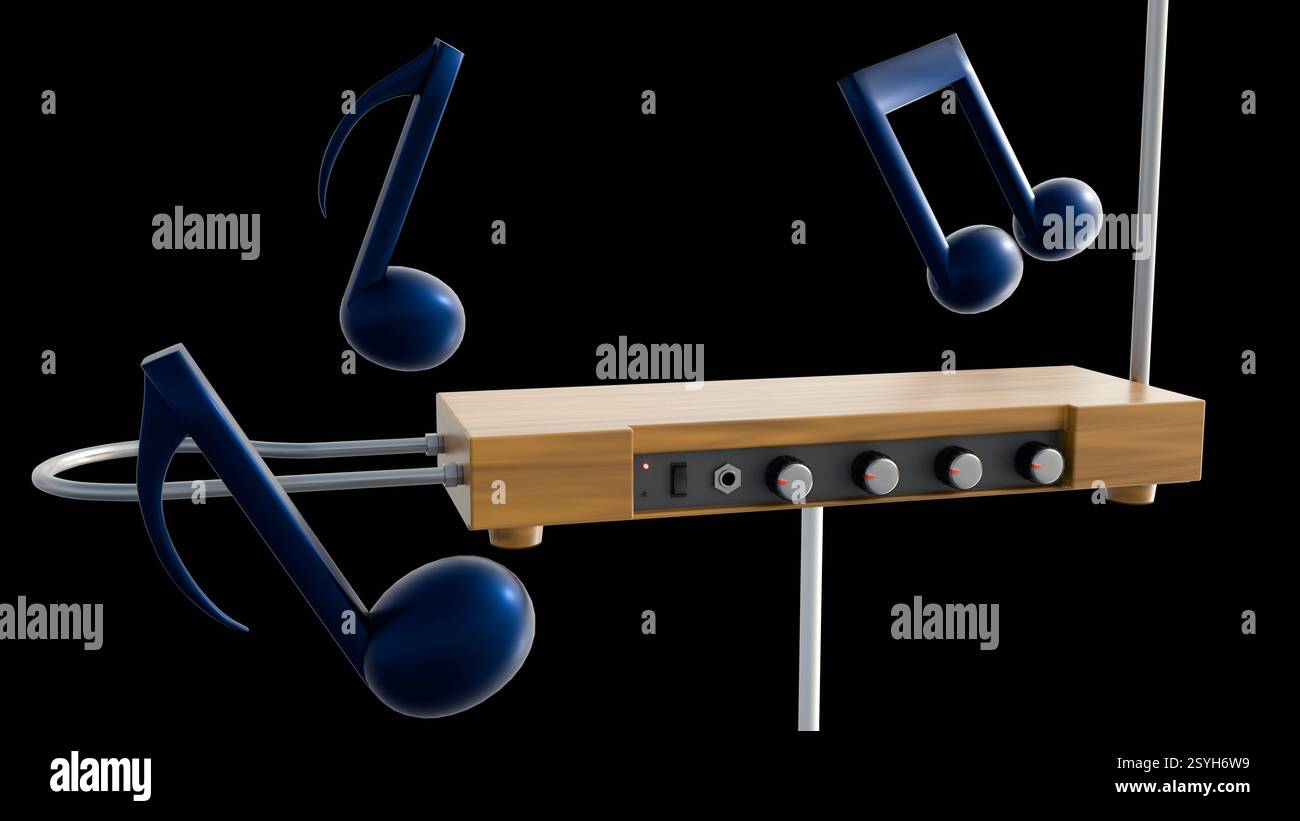 a 3D rendering of a theremin in natural wood and scattered floating ...