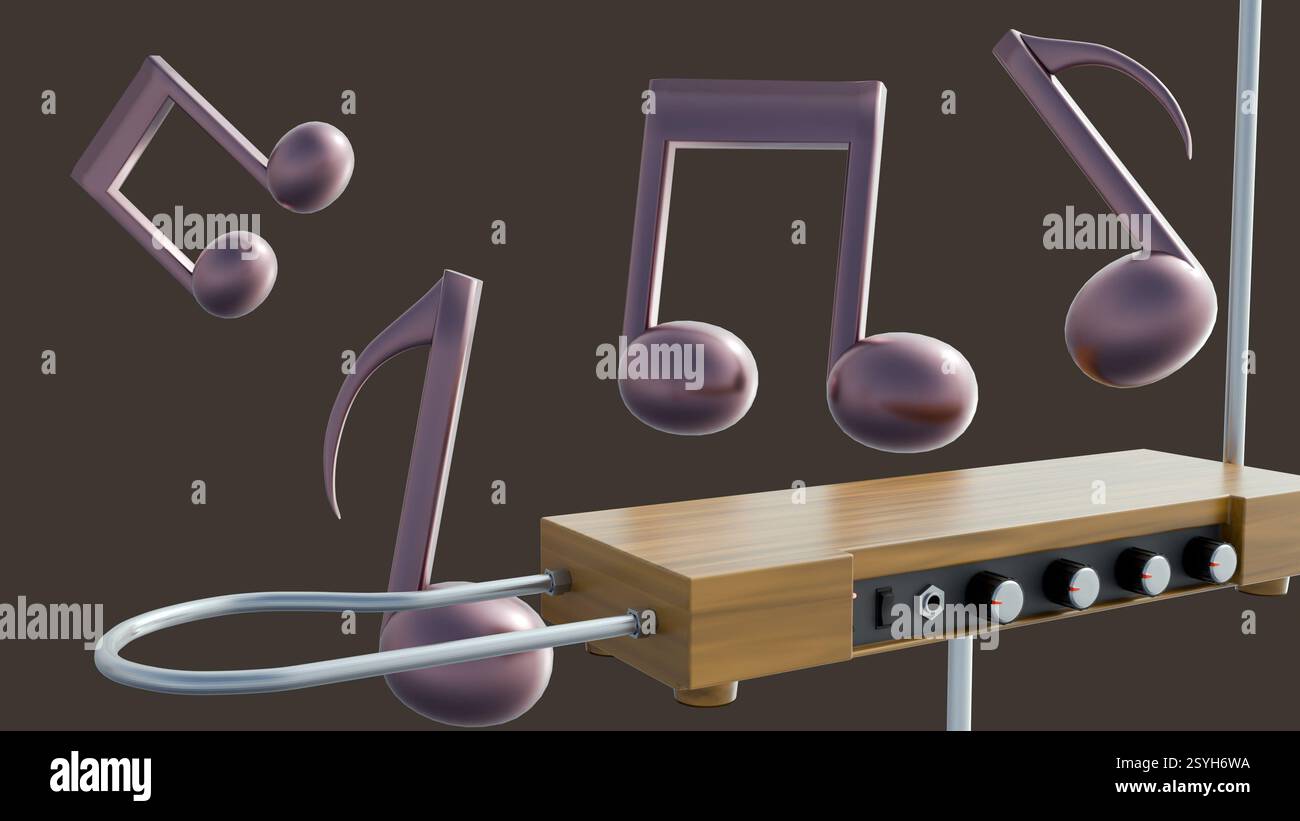 a 3D rendering of a theremin in natural wood and scattered floating ...