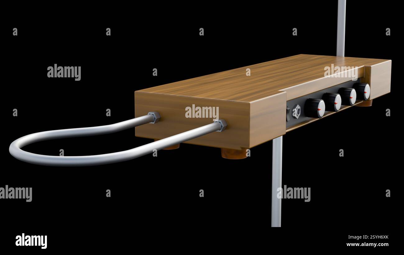 a 3D rendering of a theremin in natural wood, a unique electronic ...