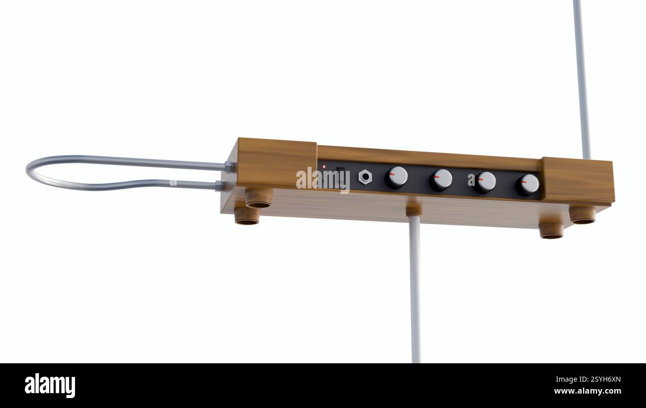 a 3D rendering of a theremin in natural wood, a unique electronic ...