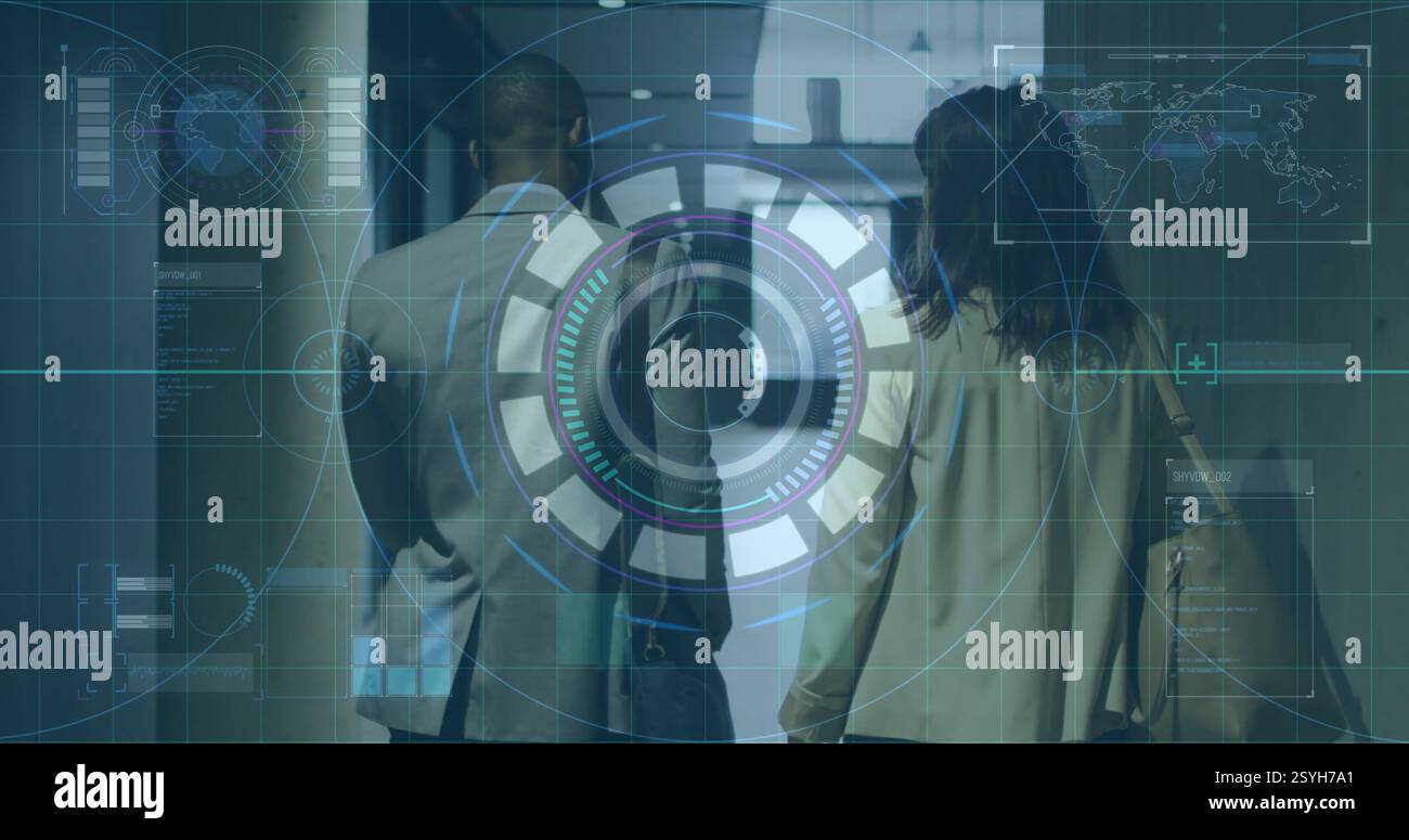 Image of scope scanning and world map with data over diverse colleagues ...