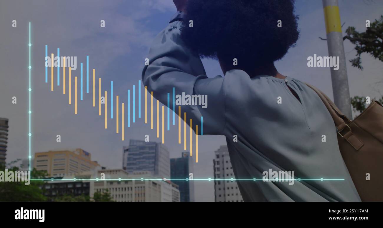 Image of financial data processing over african american woman waving ...