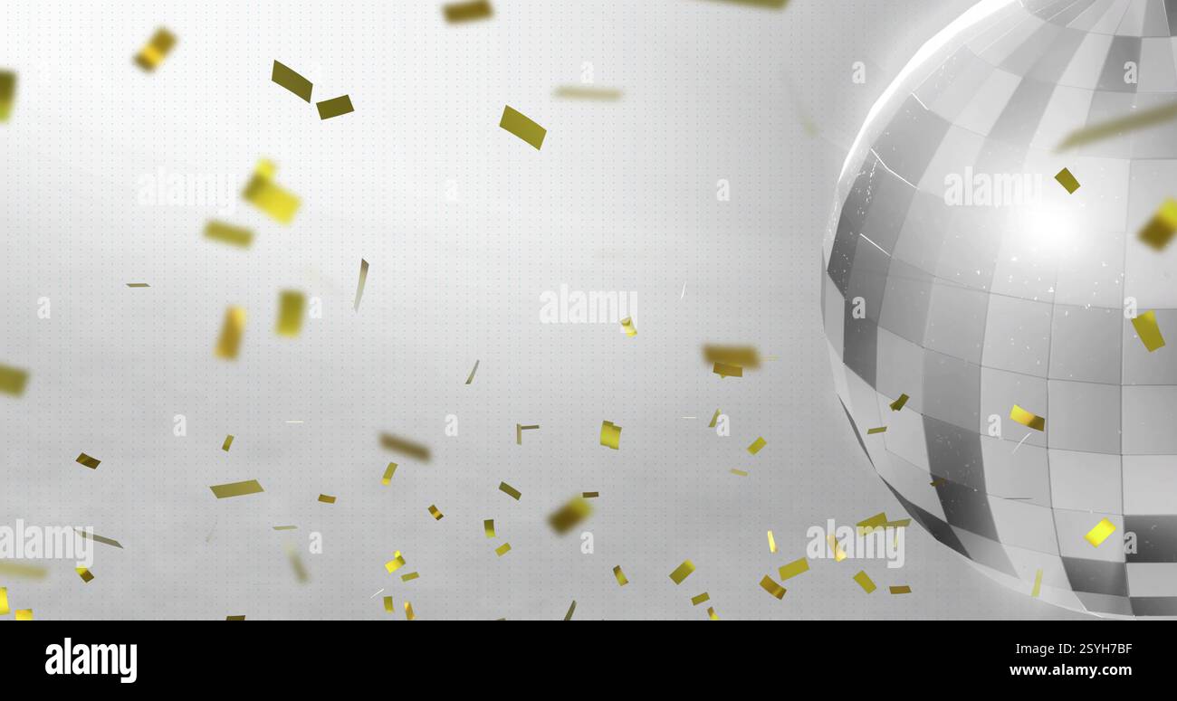 Image of confetti falling and disco ball on white background Stock ...