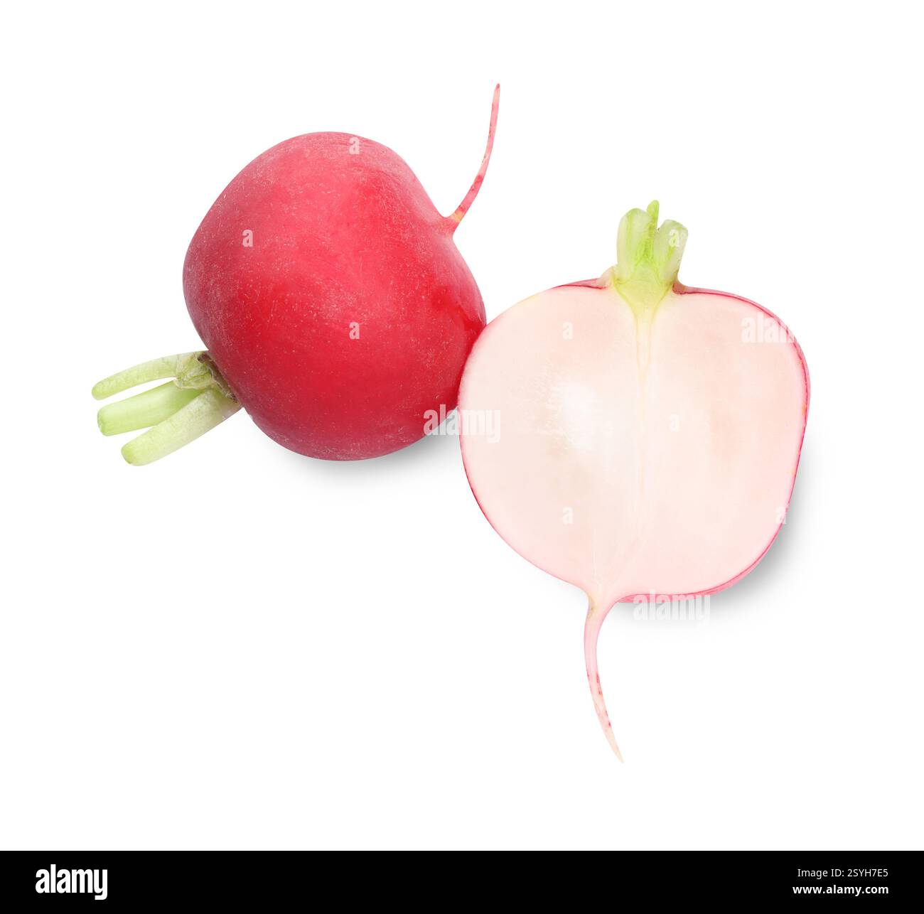Whole and cut radishes isolated on white, top view Stock Photo - Alamy