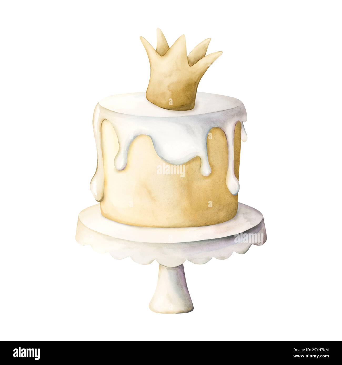 Cake with icing and mastic crown on white stand plate, glazed dessert ...