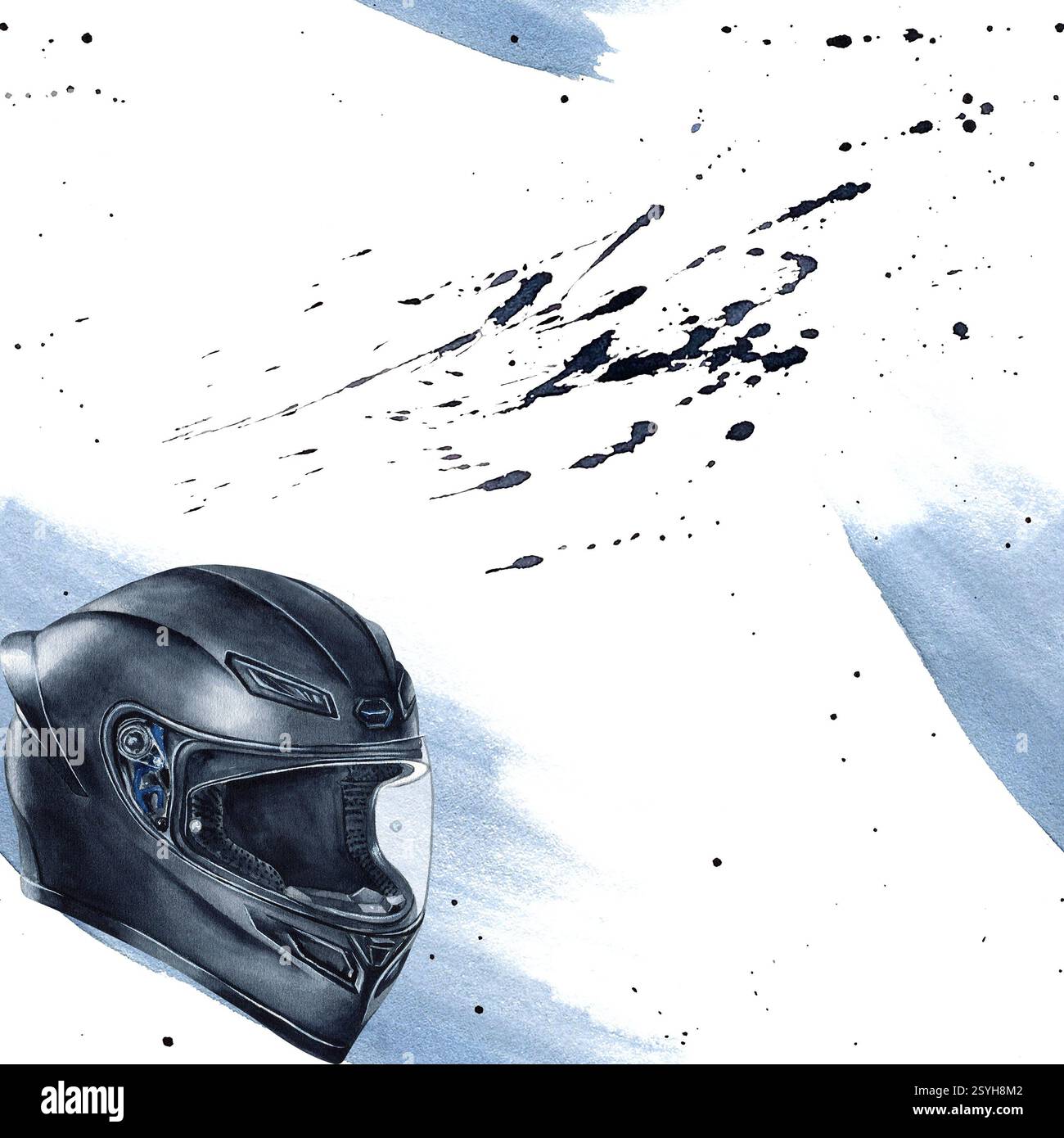 Motorcyclist helmet seamless pattern on blue watercolor spot, splashes ...