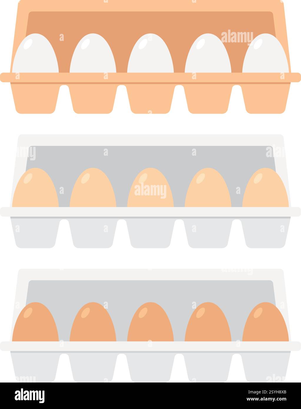 Set of chicken eggs in white, brown and light brown colors in egg trays with open covers ...
