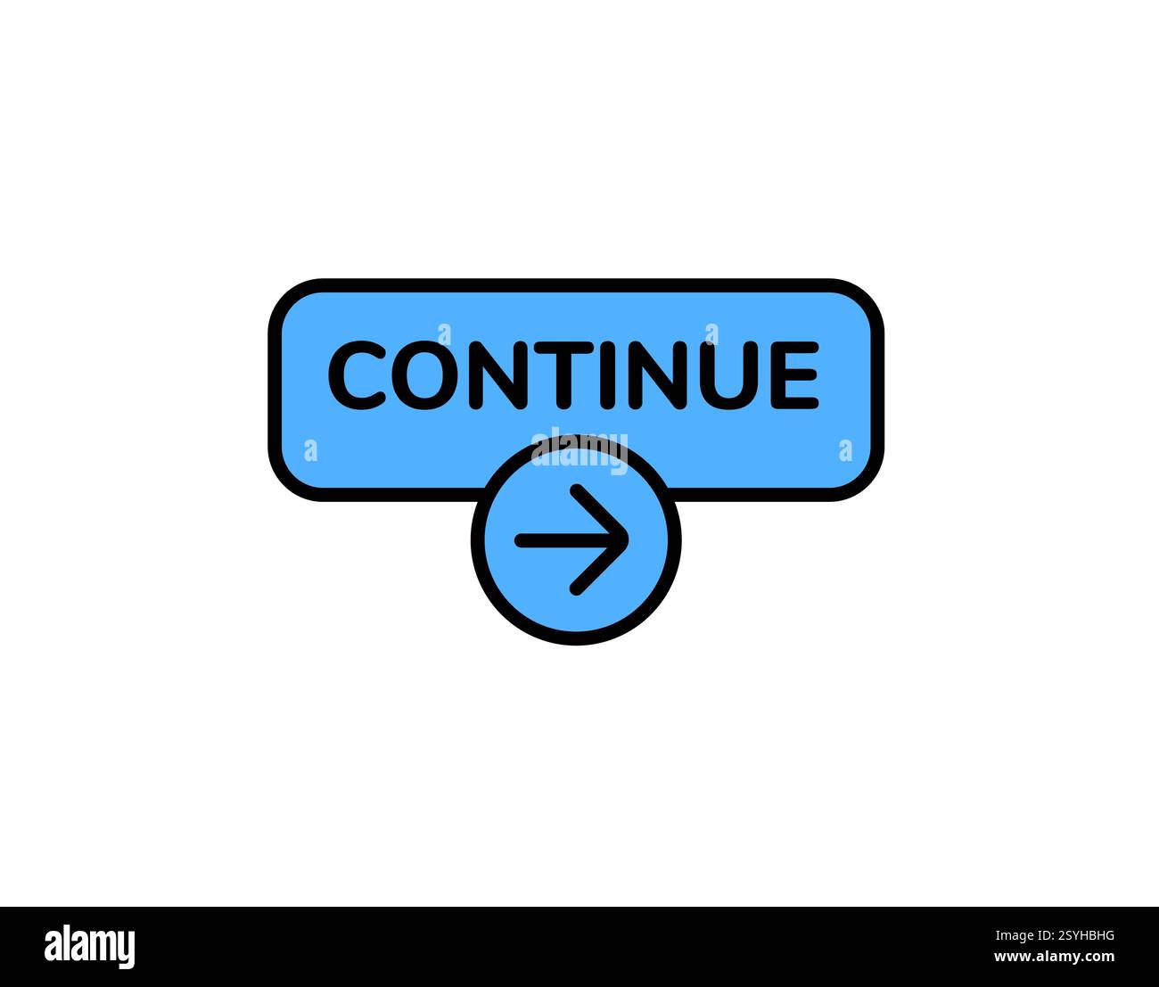 Blue button with arrow symbol and continue text for interface ...