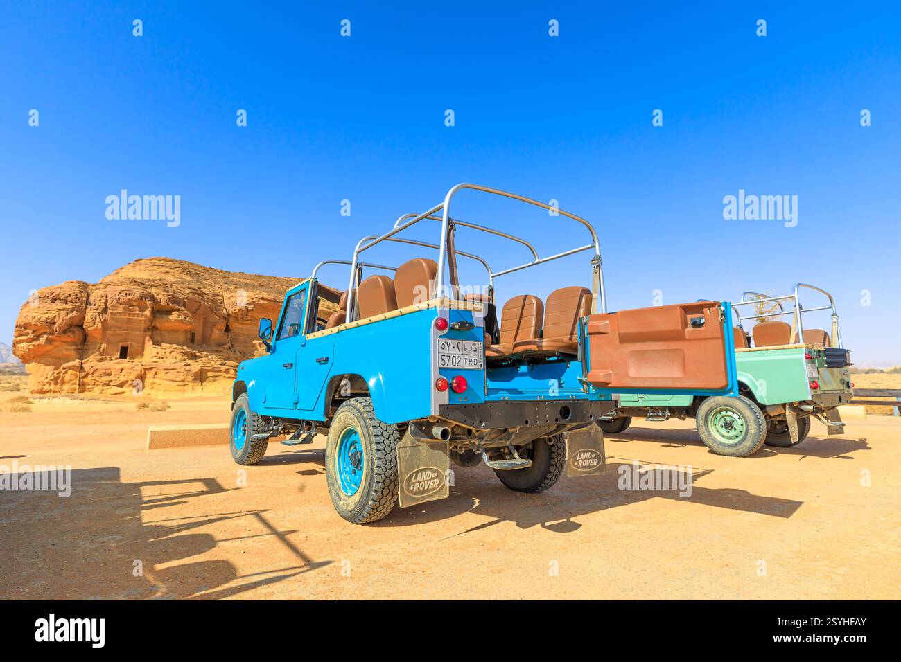Hegra, Al-Ula, Saudi Arabia, Jan 5, 2025: Defender Land Rover beside ...