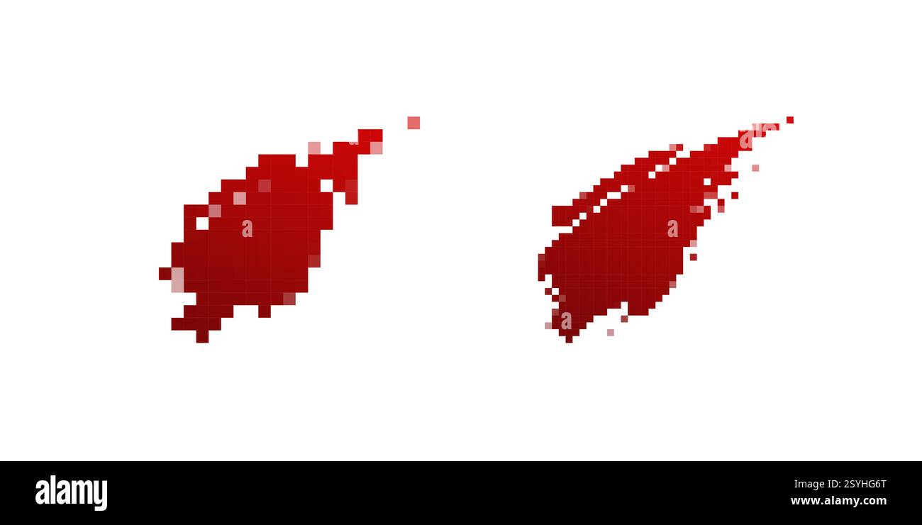 Pixelated red blood splatters on white background, abstract digital ...