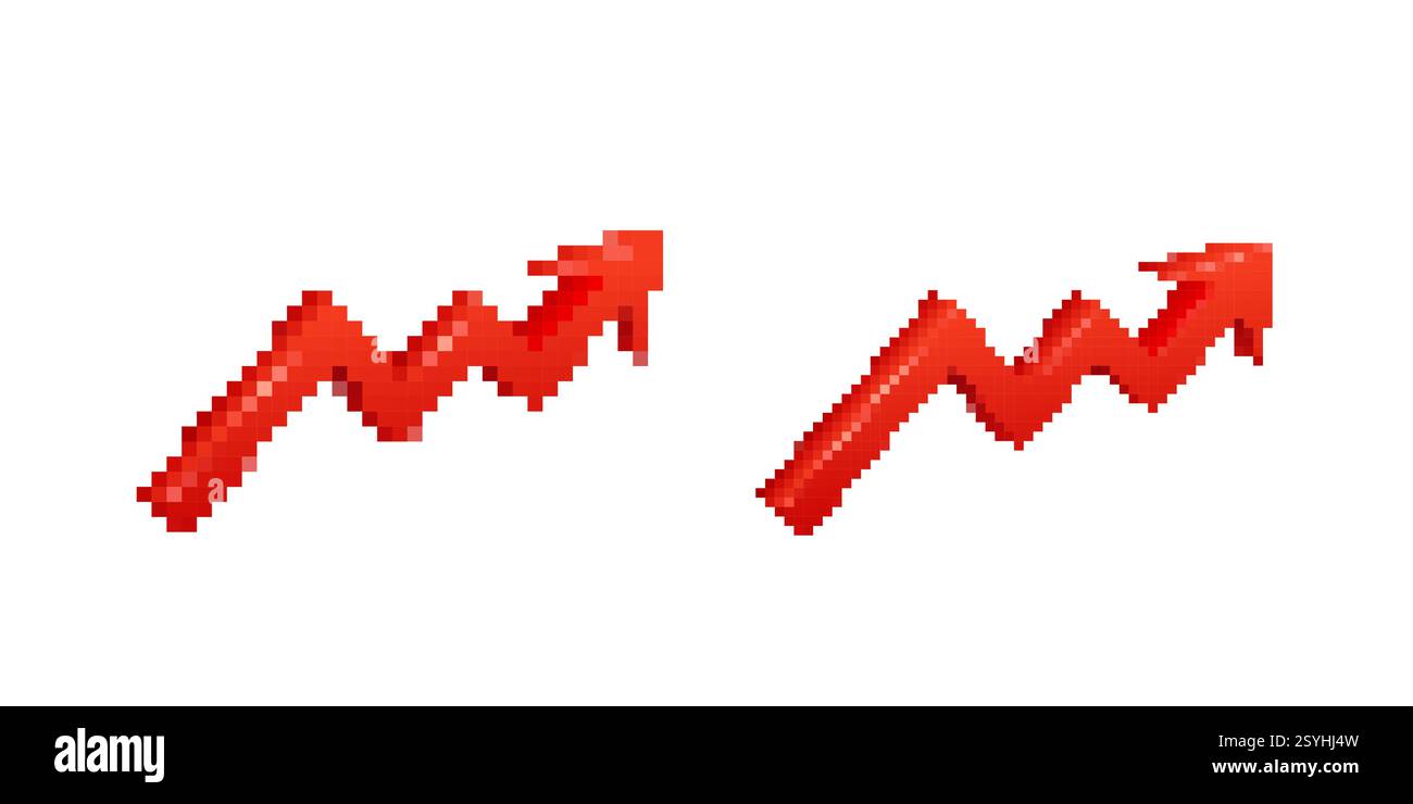 Two red zigzag upward arrows displaying growth or increase concept in simple pixel art style ...